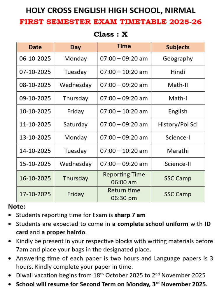 Holy Cross English High School, Nirmal: First Semester Exam Timetable ...