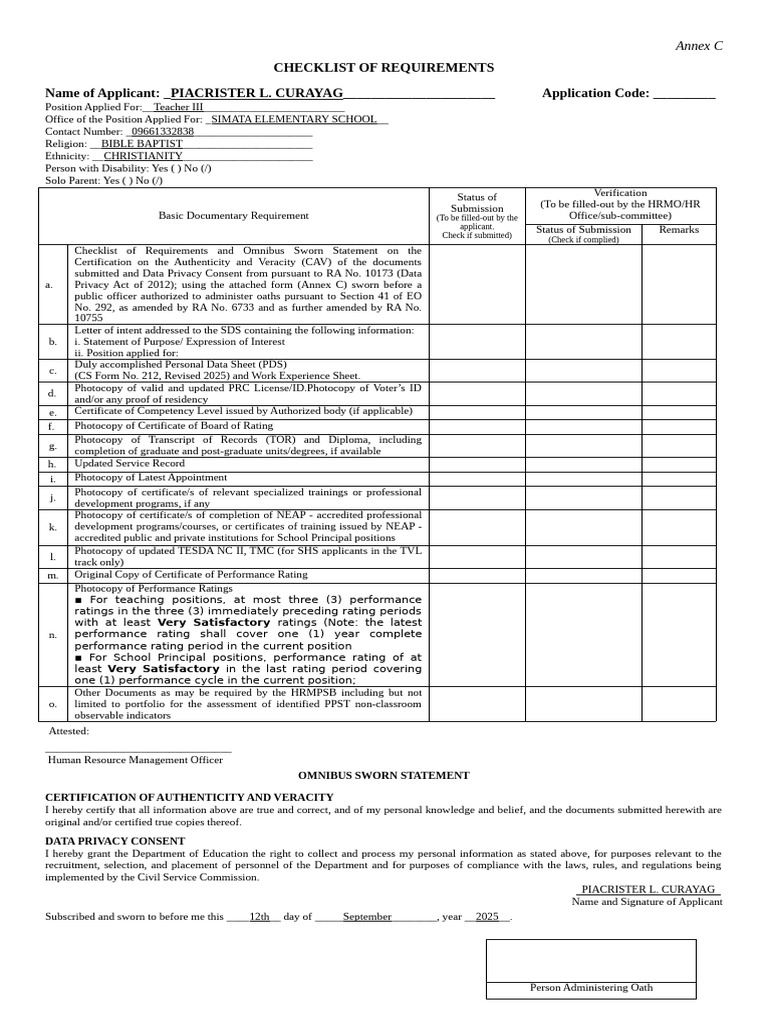 Teacher III Application Requirements Checklist | PDF