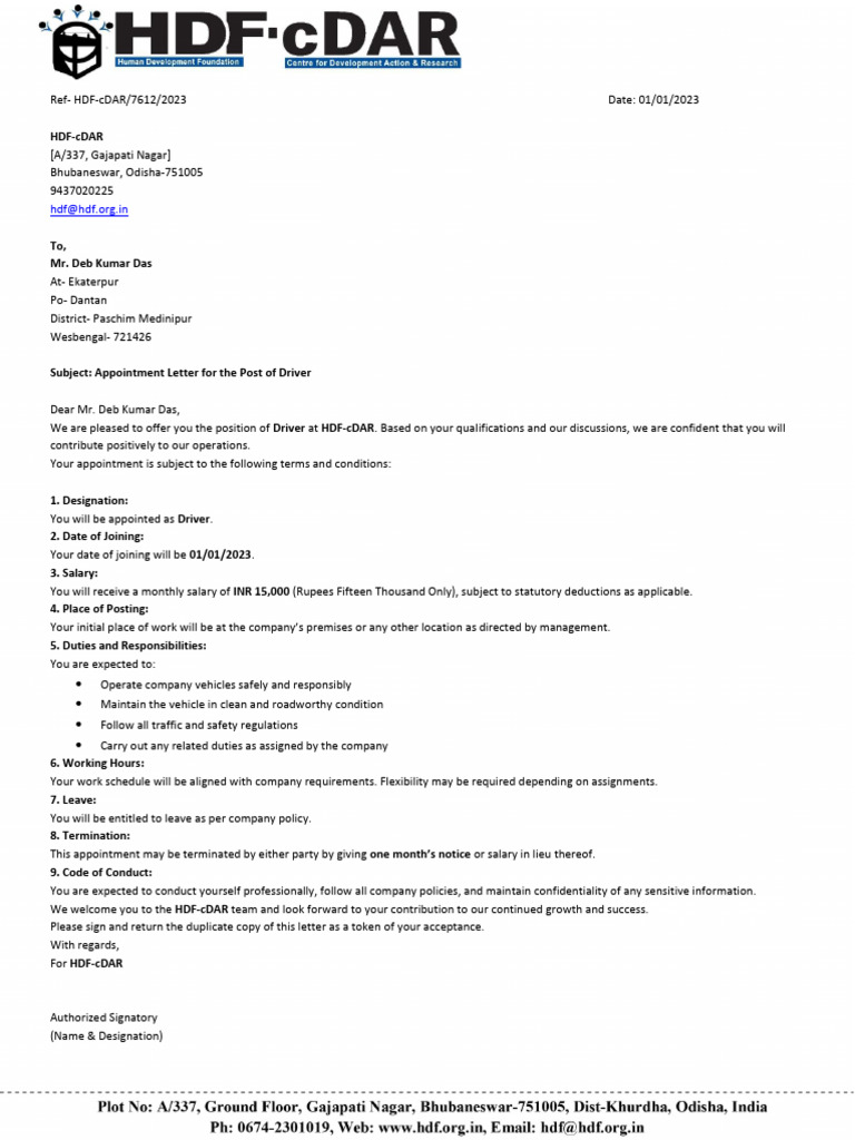 Appointment Letter Deb Kumar Das | PDF