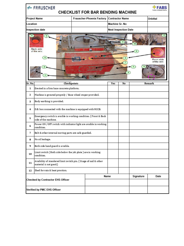 Bar Bending Machine Checklist | PDF