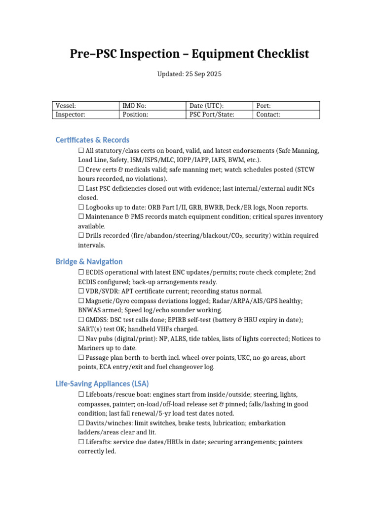 PSC Inspection Equipment Checklist | PDF