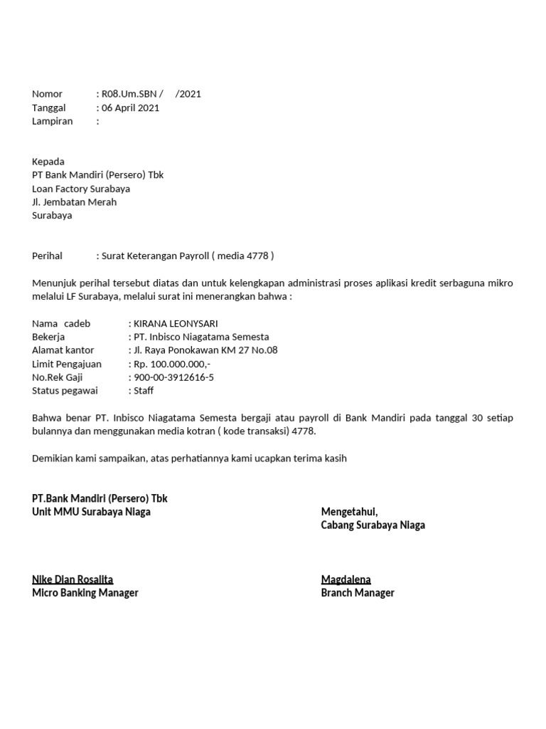 Surat Keterangan Payroll Bank Mandiri | PDF