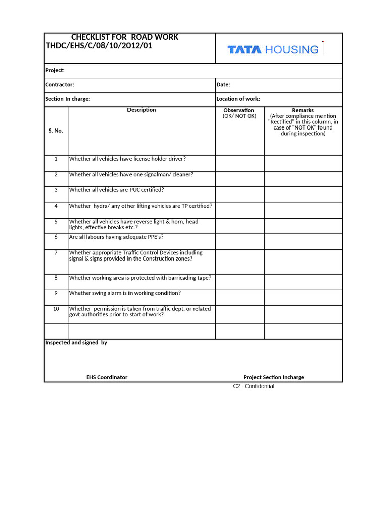 Road Work Safety Inspection Checklist | PDF