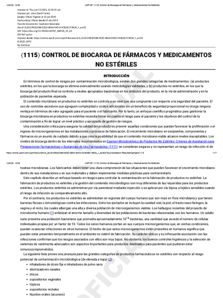 USP-NF 1115 Control de Biocarga de Fármacos y Medicamentos No Estériles ...