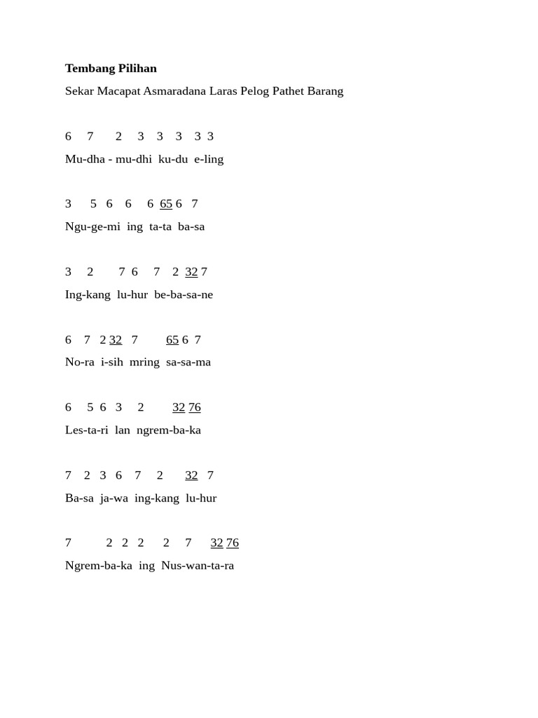 Sekar Macapat Asmaradana Laras Pelog Pathet Barang | PDF