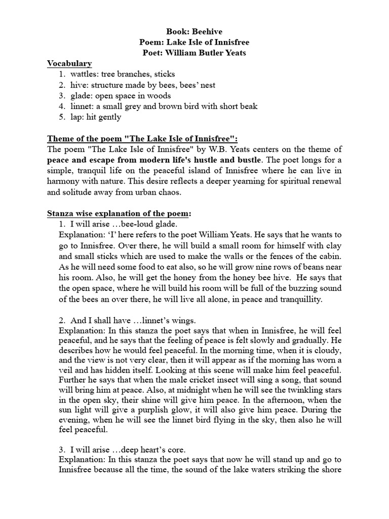 9th Eng Honeydew poem-LAKE ISKE OF INNISFREE Notes | PDF | Beehive | Poetry