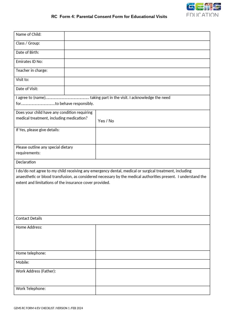Parental Consent - Form 4 | PDF | Clinical Medicine | Medical Specialties