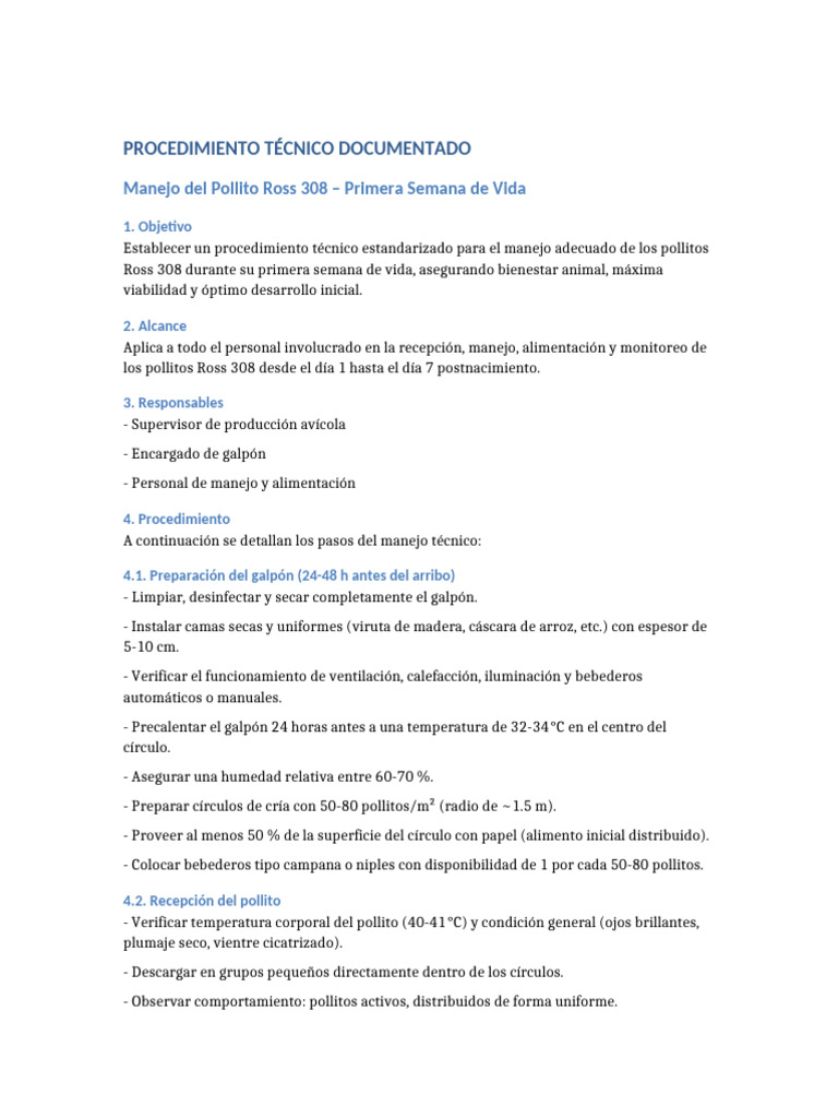 Manejo de Pollitos Ross 308: Primera Semana | PDF