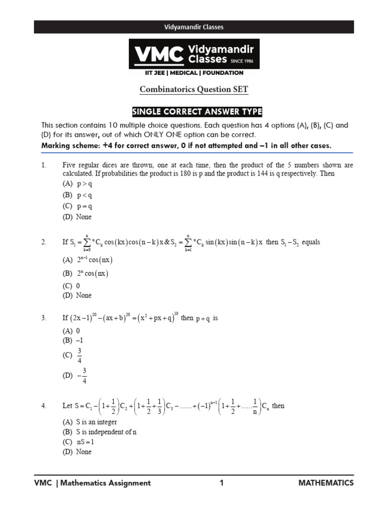 Combinatorics Question SET | PDF | Numbers | Surface Tension