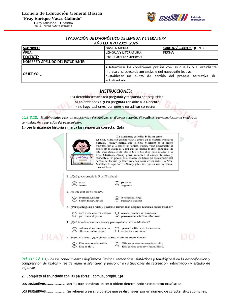 Evaluacion Diagnostica 5 Grado 2025 | PDF | Ecuador | Lingüística