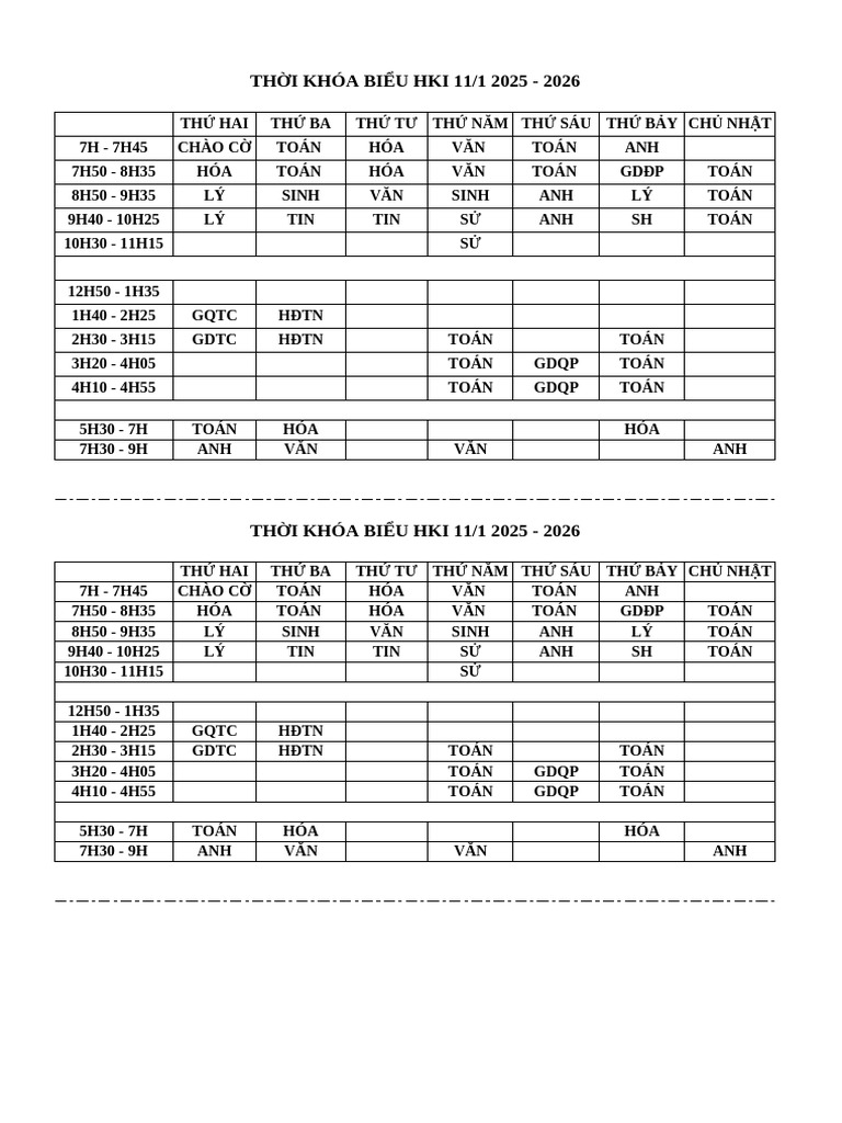 THỜI KHÓA BIỂU HKI 11/1 2025 - 2026 | PDF