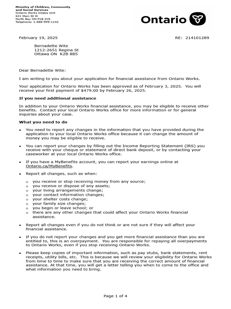 Ontario Works Application Approved | PDF