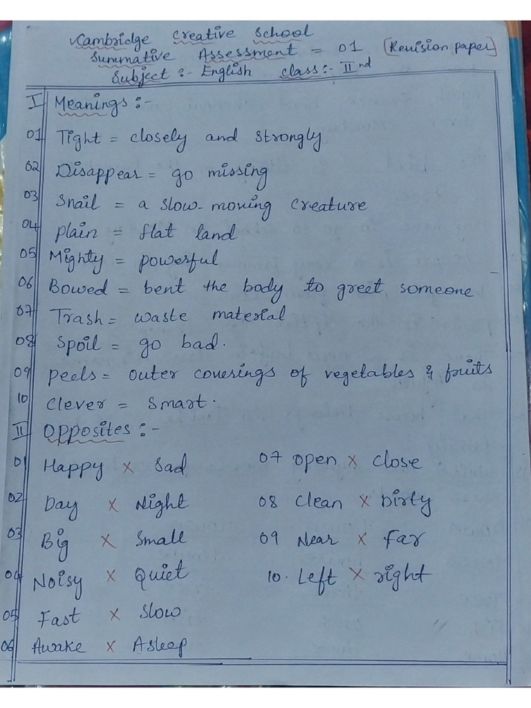 Class 2nd SA - 1 Revision Subject-English | PDF