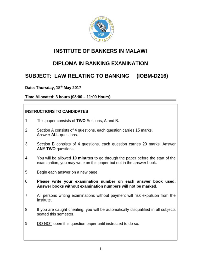 Banking Law Exam Paper - IOBM D216 | PDF | Banks | Money