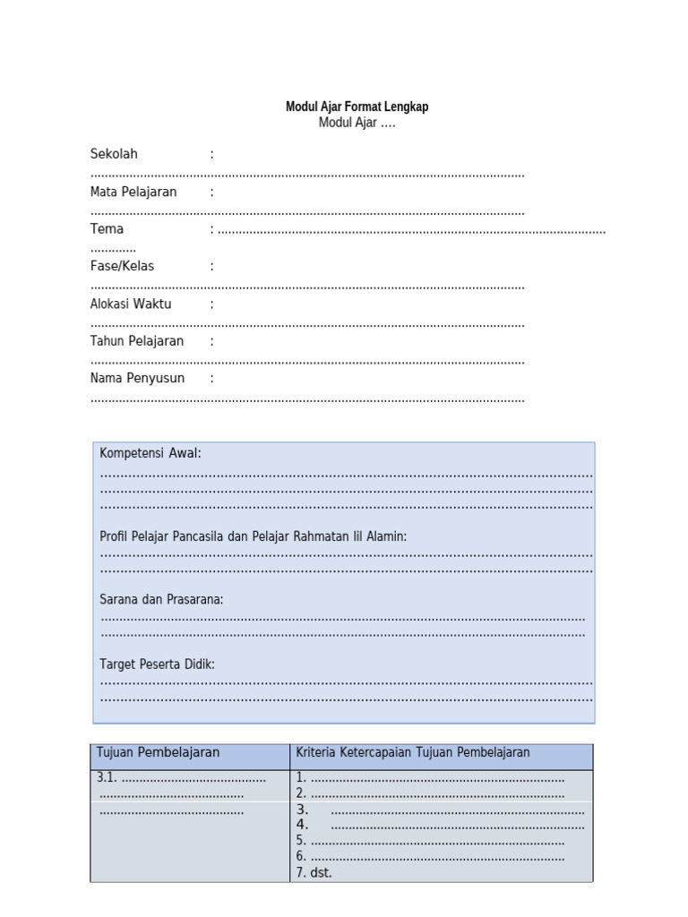 Template Modul Ajar Kurikulum Merdeka PBL, PJBL, DBL, TPACK | PDF