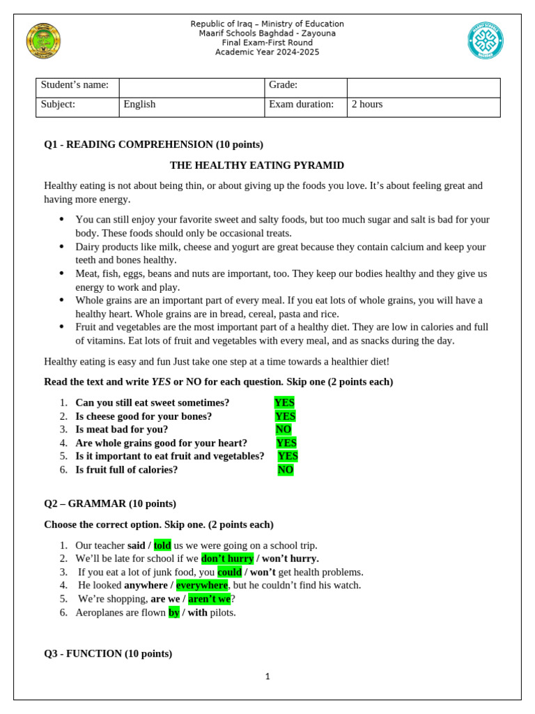 Written Exam English Grade 5 Answer Key | PDF | Healthy Diet | Foods