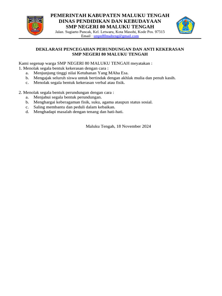 Deklarasi Anti Perundungan SMPN 80 Maluku Tengah | PDF
