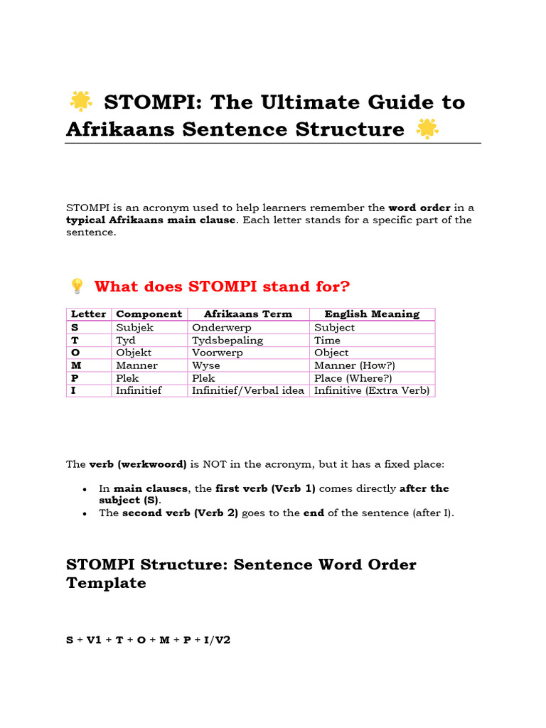 Afrikaans Sentence Structure Guide | PDF | Subject (Grammar) | Verb