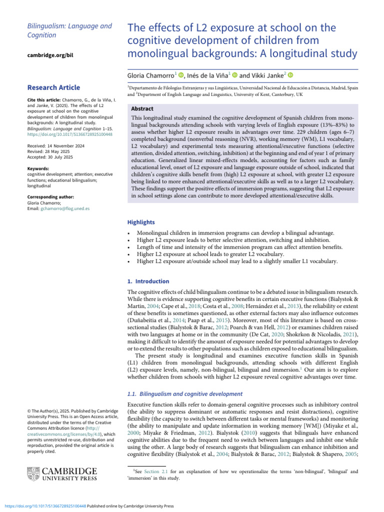 The Effects of l2 Exposure at School On The Cognitive Development | PDF ...
