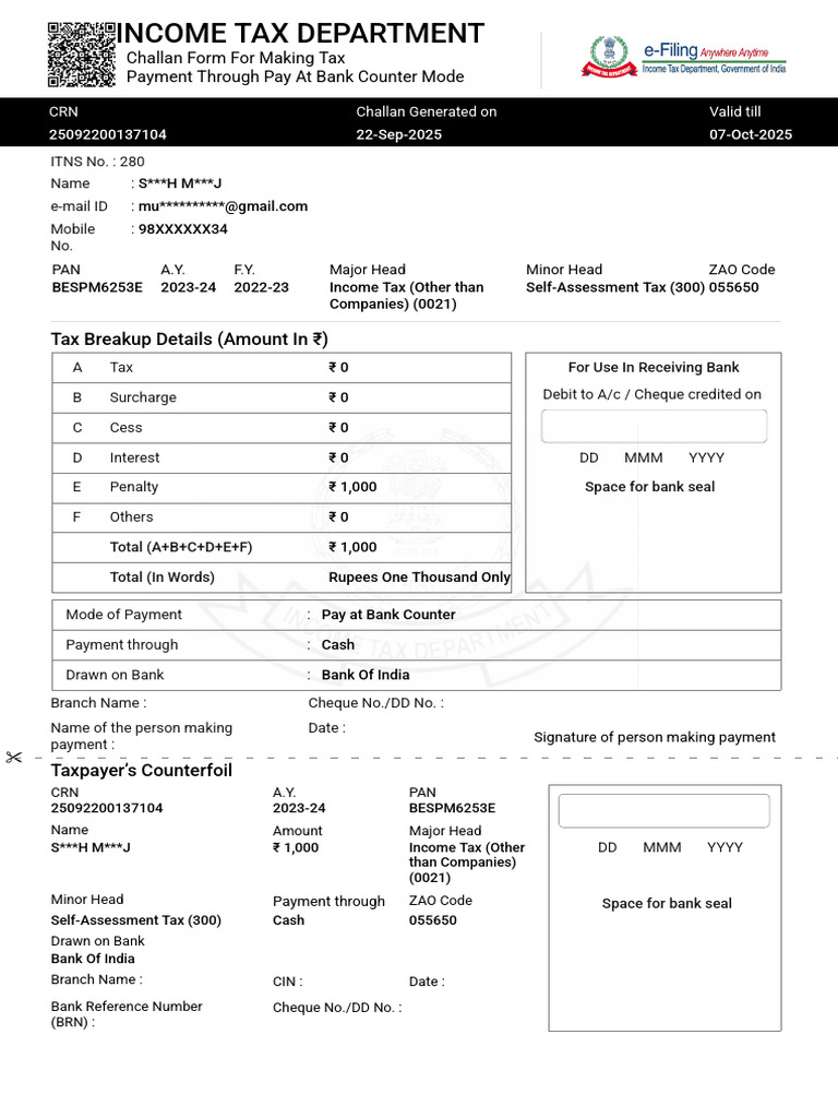 Income Tax Payment Challan Form | PDF | Payments | Cheque