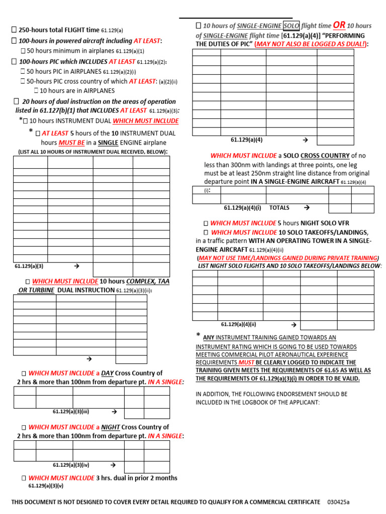 Commercial Pilot Experience Worksheet | PDF | Aircraft | Airplane