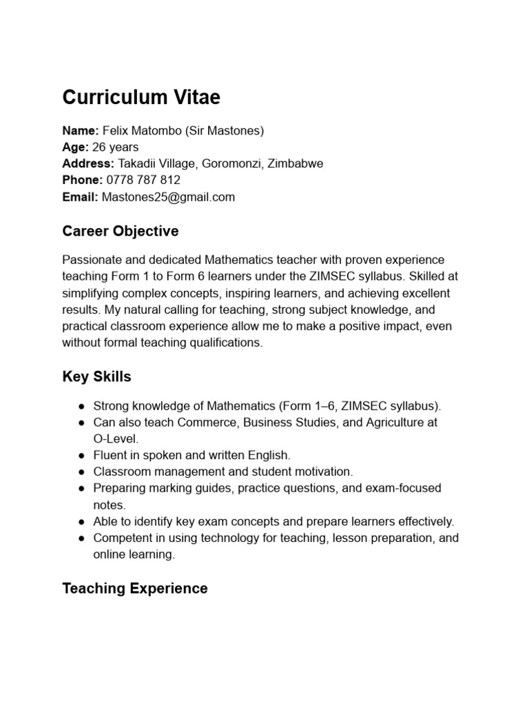 Mathematics Teacher CV - Felix Matombo | PDF | Learning | Teachers