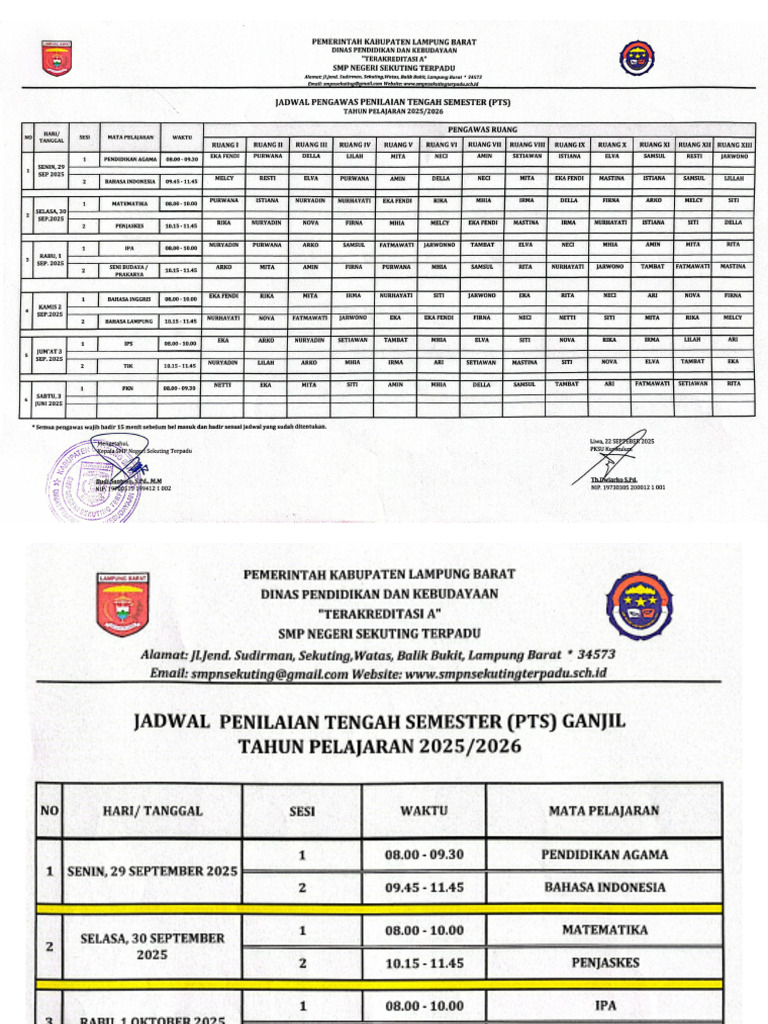 Jadwal Pengawas Pts | PDF
