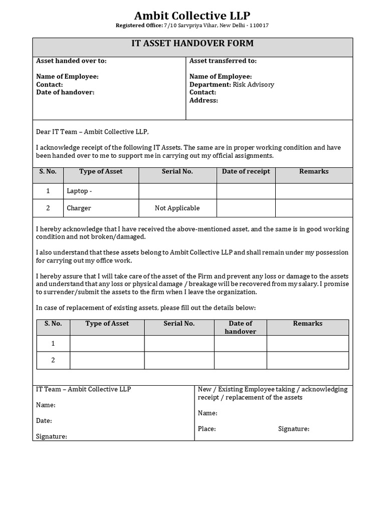 IT Asset Handover Form | PDF