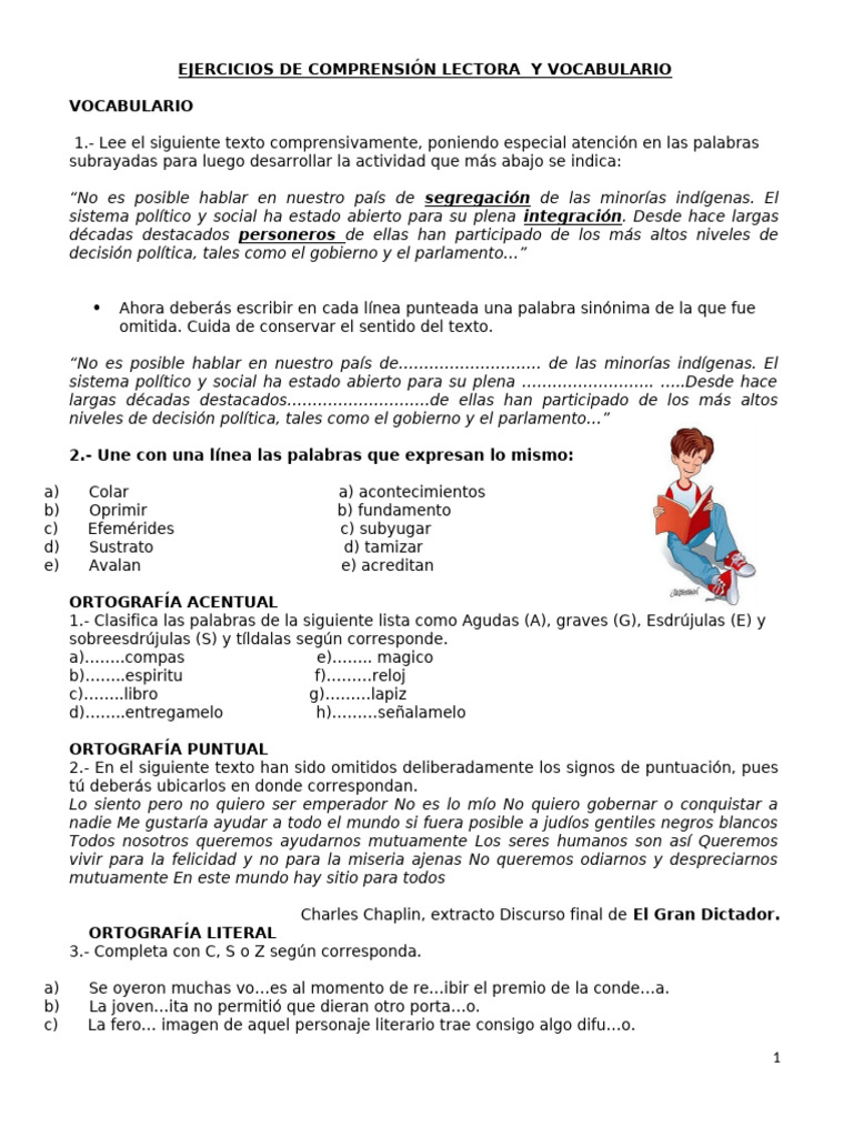 Ejercicios de Comprensión Lectora y Vocabulario | PDF | Mente ...