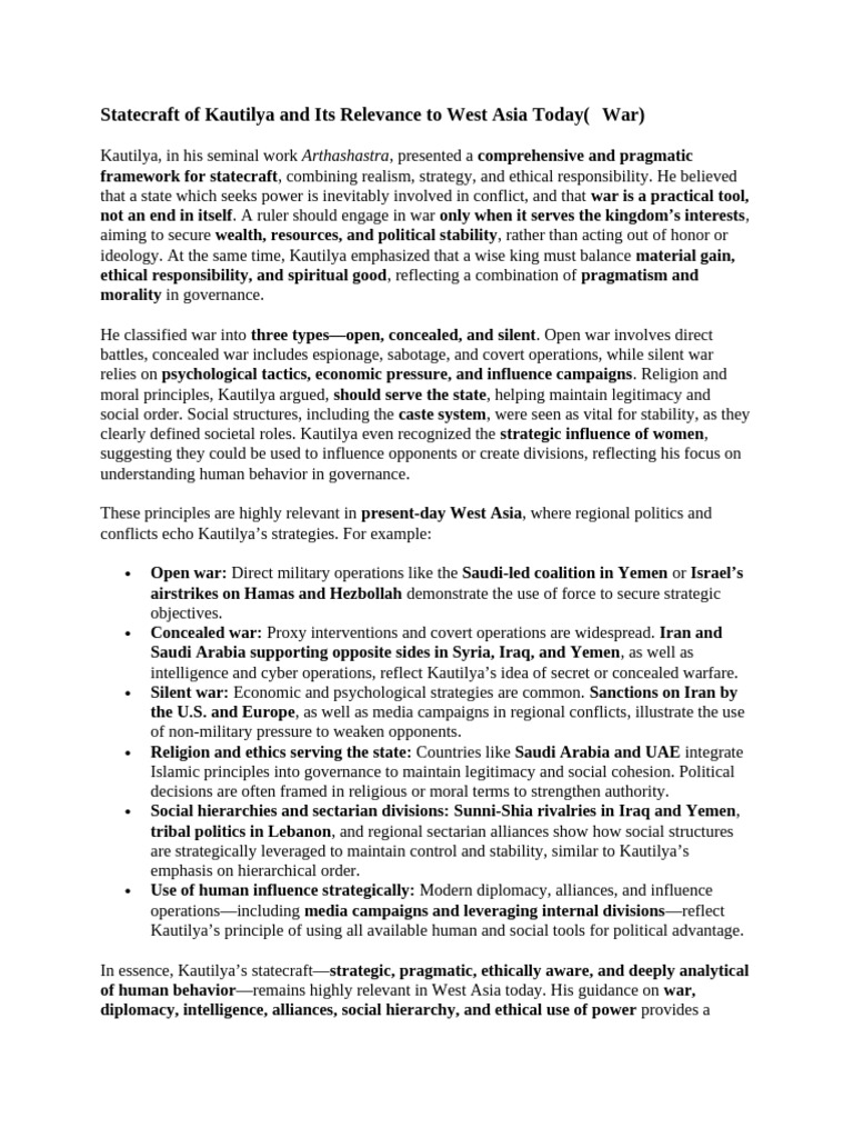 Statecraft of Kautilya and Its Relevance To West Asia Today (War) | PDF ...