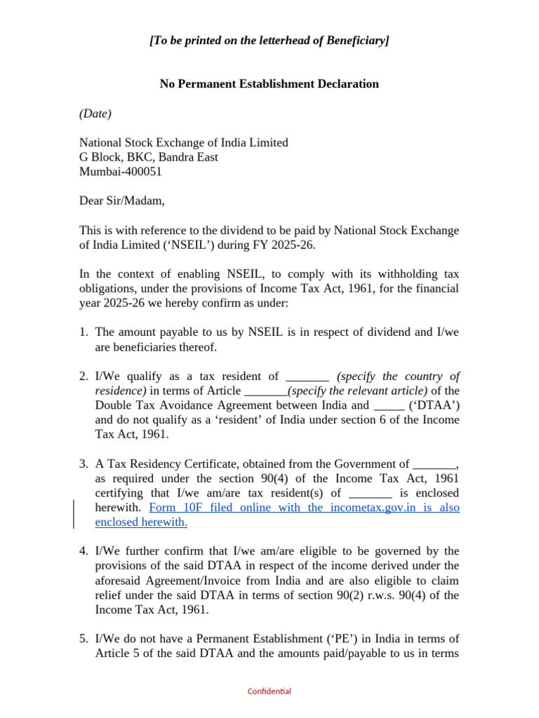 No PE Declaration for NSEIL Dividend | PDF | Tax Treaty | Taxes