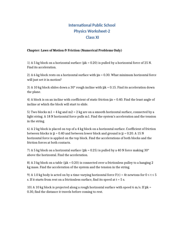 Worksheet 2 Class XI Physics | PDF