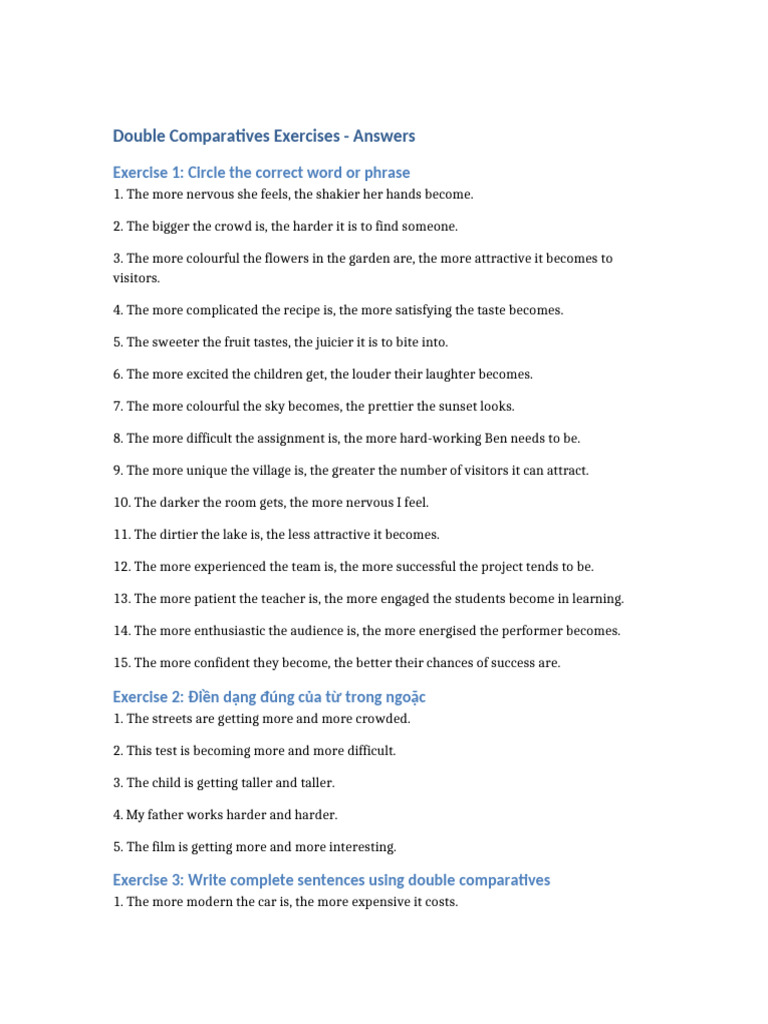 Double Comparatives Exercises and Answers | PDF
