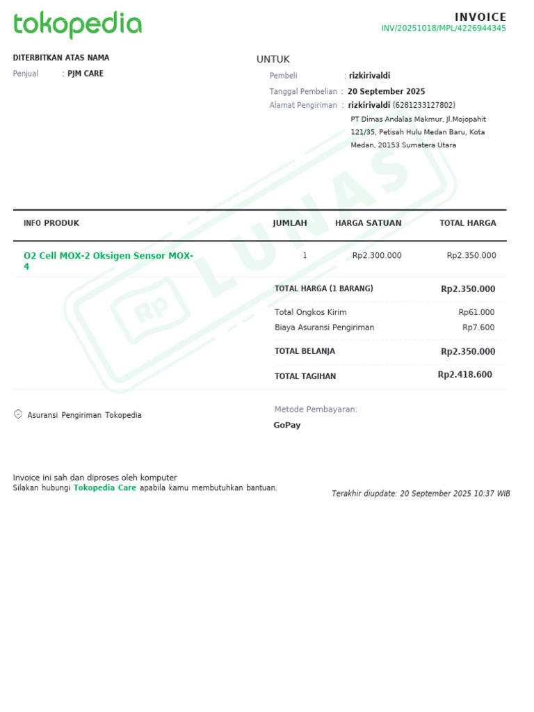 Invoice Pembelian O2 Cell di Tokopedia | PDF