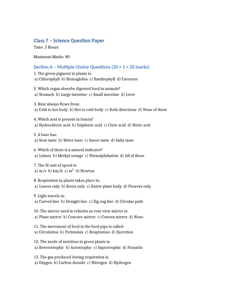 Class 7 Science Question Paper | PDF | Taste | Foods