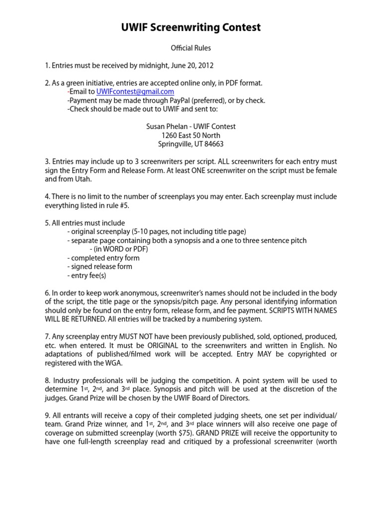 UWIF Screenwriting Contest Rules 2012 | PDF | Screenwriter | Screenplay