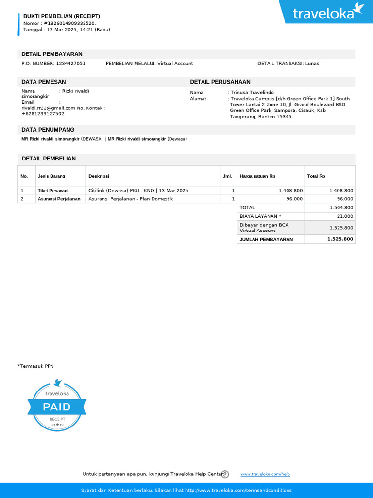 Bukti Pembayaran Tiket Pesawat Traveloka | PDF