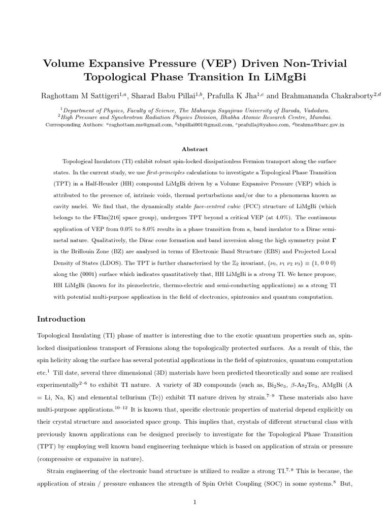 Volume Expansive Pressure (VEP) Driven Non-Trivial Topological Phase Transition in LiMgBi (2020 ...