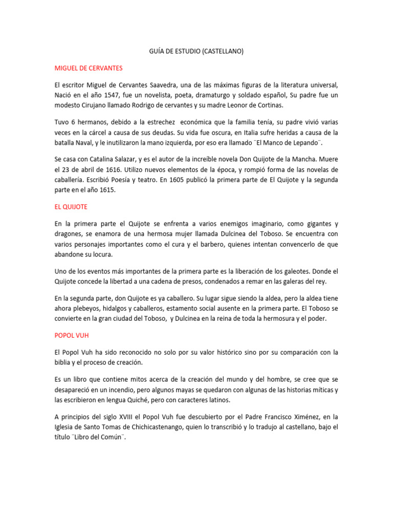 Guia de Estudio Sobre Miguel de Cervantes | PDF | Don Quijote | Miguel ...