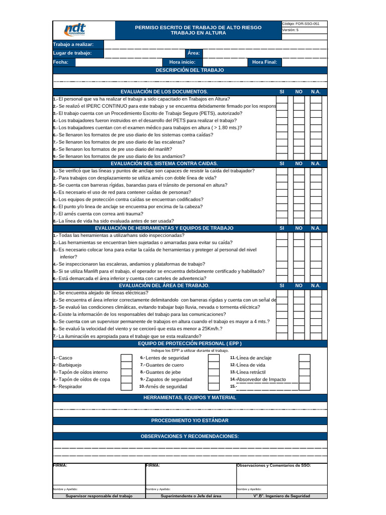 For-SSO-051 Check List Altura NDTi | PDF