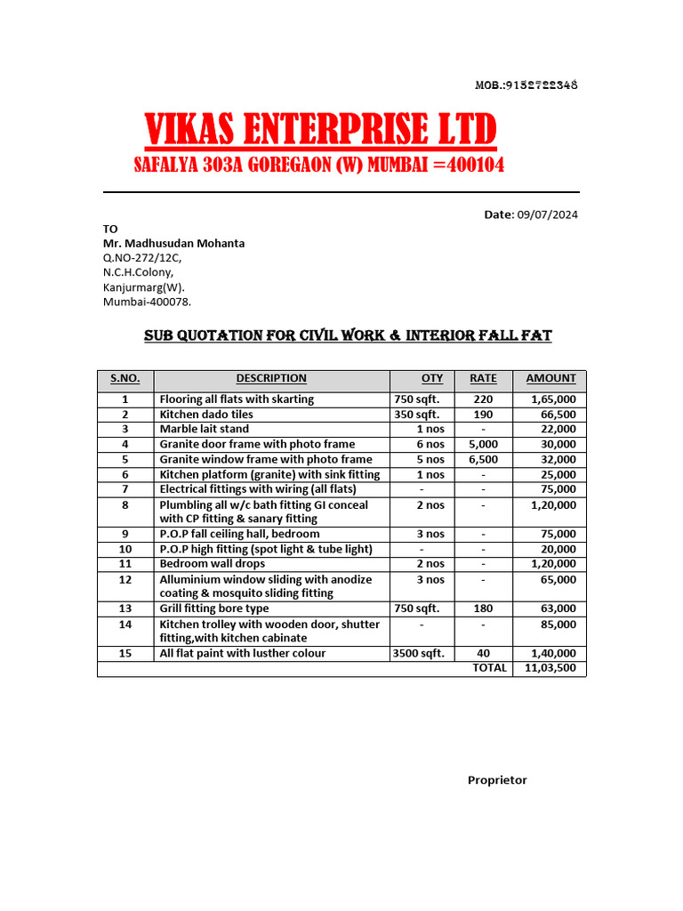 Civil Work Quotation for Interior Renovation | PDF