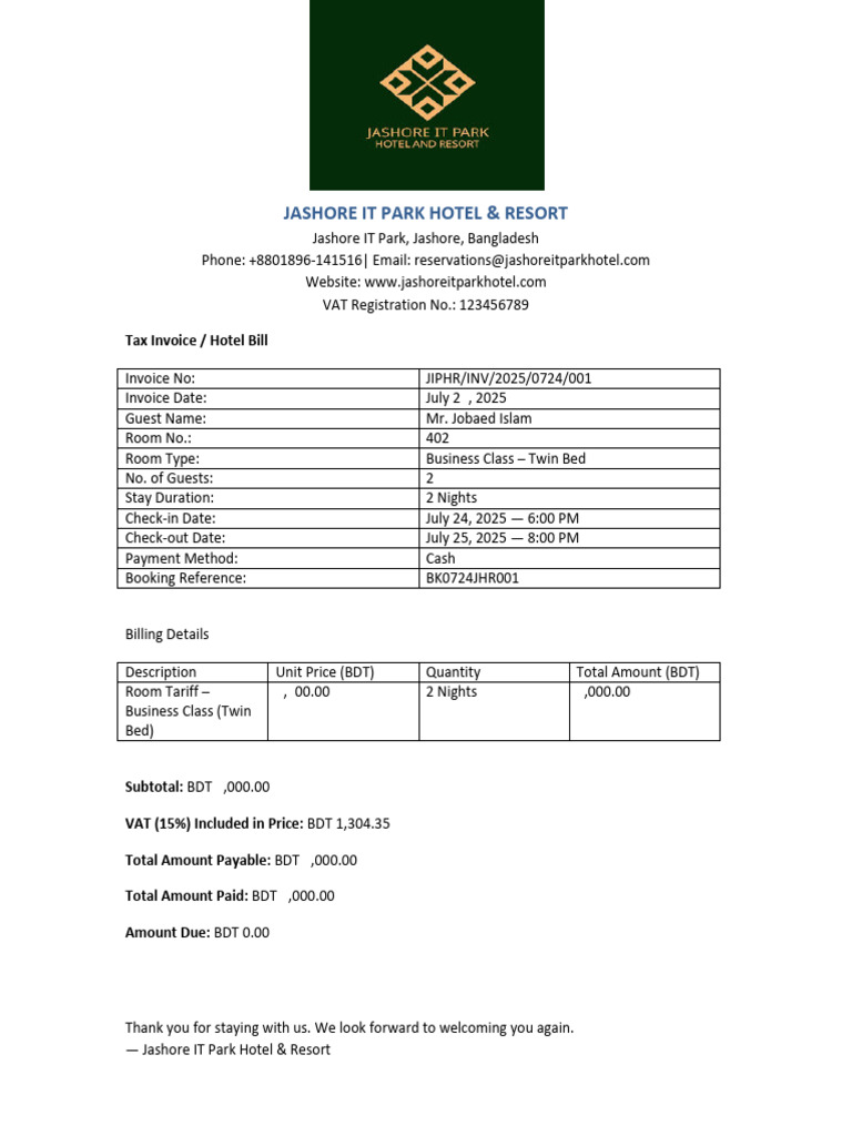 Jashore IT Park Hotel Bill | PDF