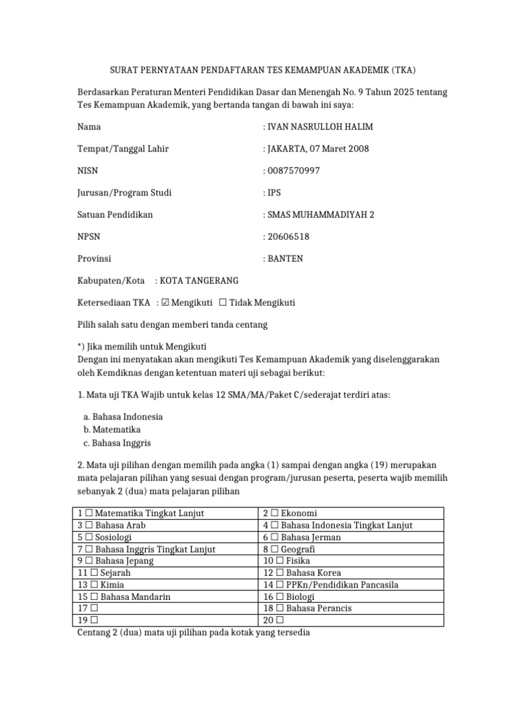 Surat Pernyataan TKA | PDF