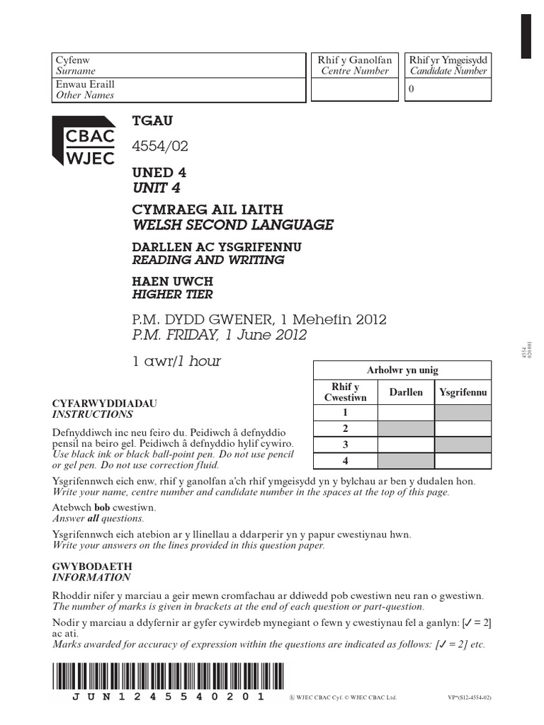Unit 4 Welsh Second Language: P.M. DYDD GWENER, 1 Mehefin 2012 1 Awr | PDF