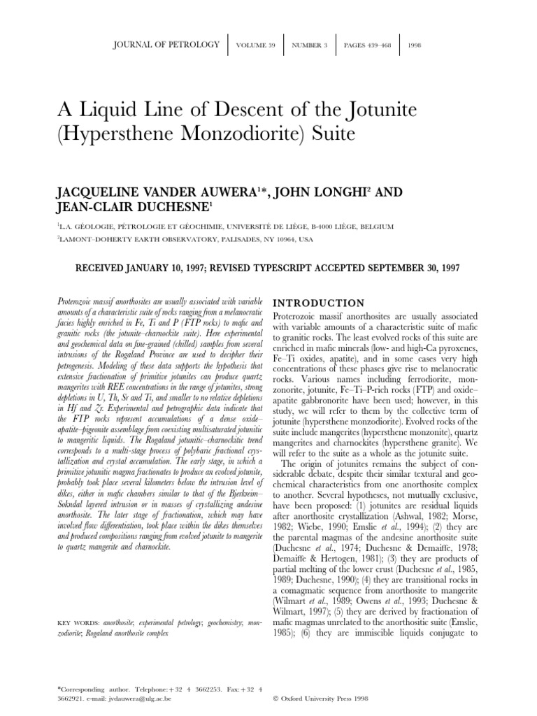 A Liquid Line of Descent of Jotunite - Hypersthene Monzodiorite Suite ...
