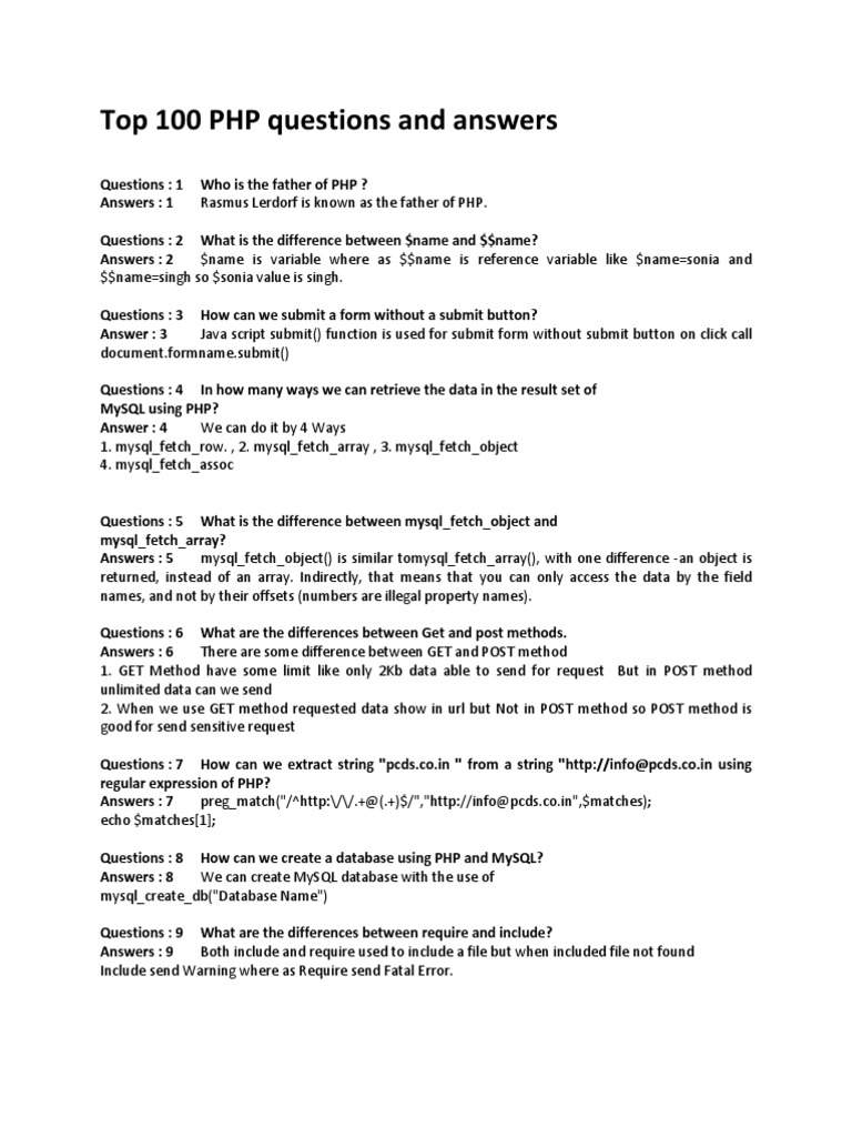 Top 100 Php Interview Questions And Answers Are Below Pdf Class Computer Programming Php