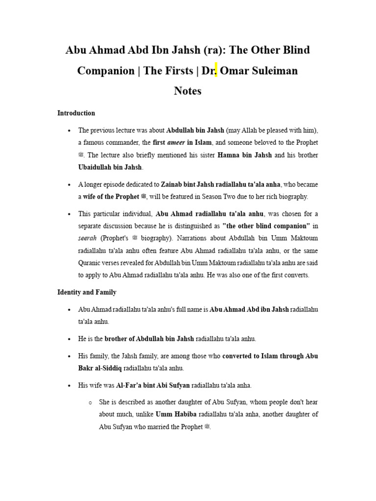 Abu Ahmad Abd Ibn Jahsh (Ra) The Other Blind Companion - The Firsts - Dr. Omar Suleiman | PDF ...