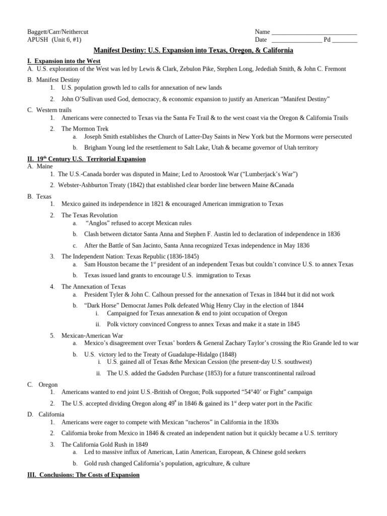 1 Manifest Destiny Notes | PDF | Second Party System | The United States