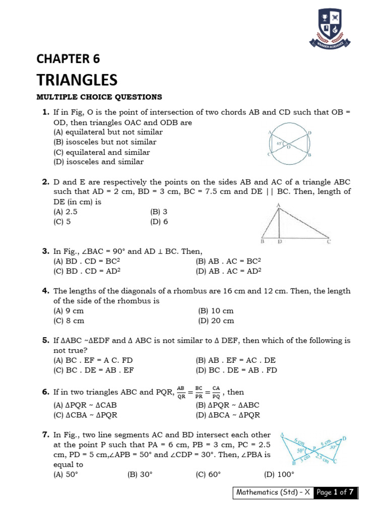 Class 10 Triangles MCQs and Solutions | PDF | Shape | Geometry