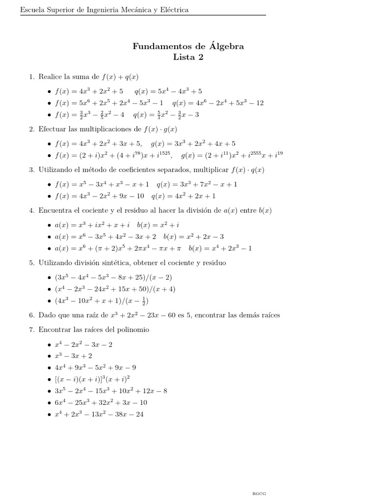 Lista2 F Algebra 2024 1 ESIME | PDF